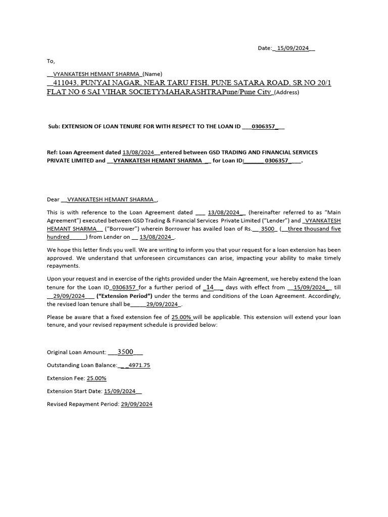 Loan Tenure Extension Approval Letter | PDF | Loans | Banking