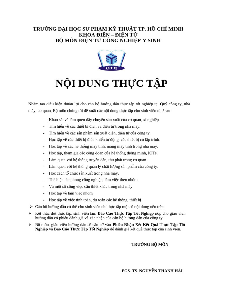 MAU-DTCN-YS - TTTN - DTCN-Noi Dung Thuc Tap - 1-2025 | PDF