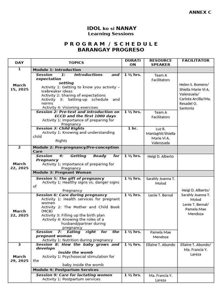 ECCD Learning Sessions Schedule | PDF | Breastfeeding | Lactation
