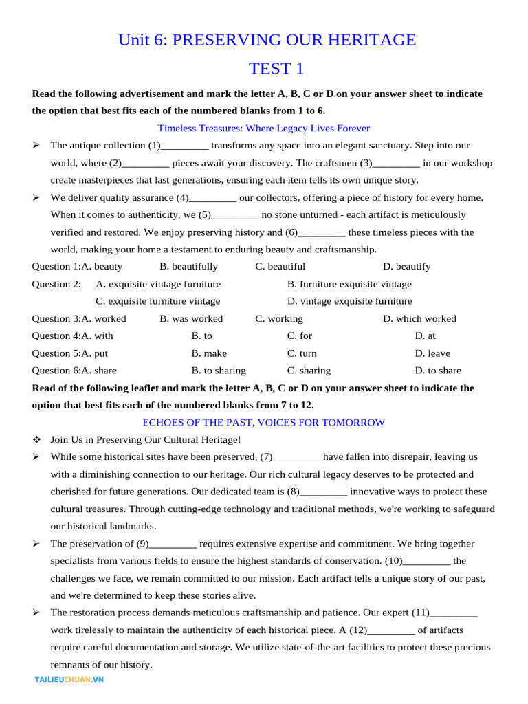 Unit 6 TEST 1 KEY GRADE 11 | PDF | Cultural Heritage | Artifact ...