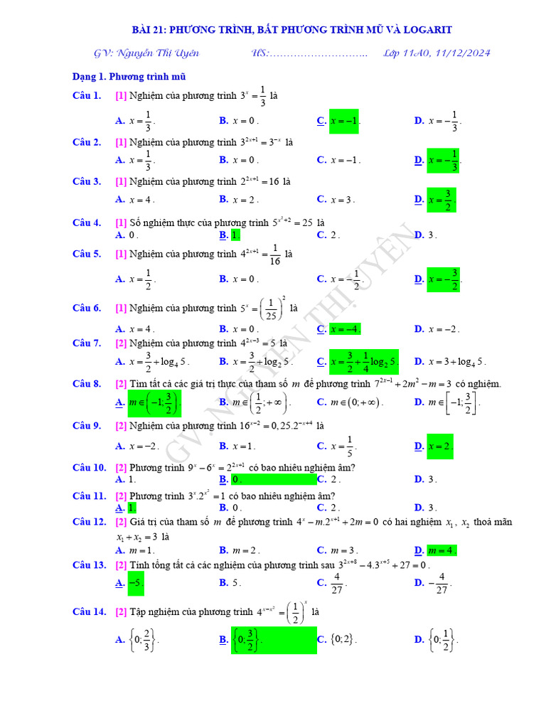 ĐÁP ÁN VÀ LỜI GIẢI CHI TIẾT-PT, BPT MŨ, LOGA-11A0-11-2-2025 | PDF