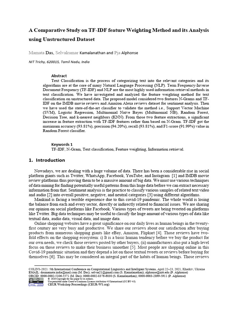 A Comparative Study On TF-IDF Feature Weighting Method and Its Analysis Using Unstructured ...