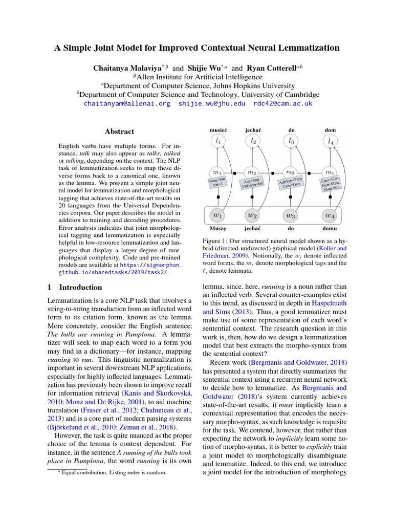 A Simple Joint Model For Improved Contextual Neural Lemmatization | PDF | Morphology ...