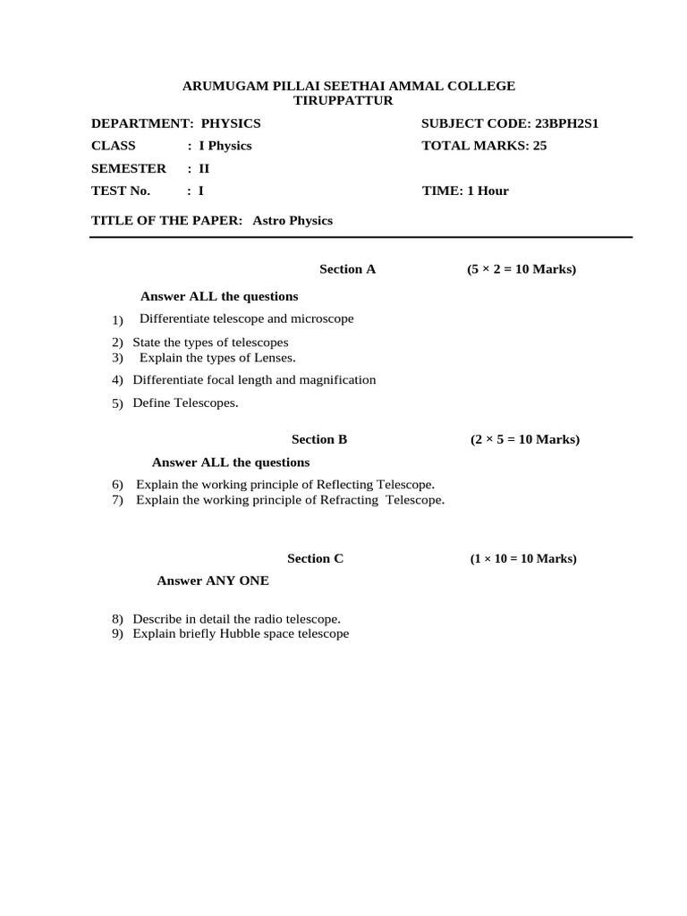 23BPH2S1 ASTRO PHYSICS 2024-2025 I INTERNAL QP | PDF