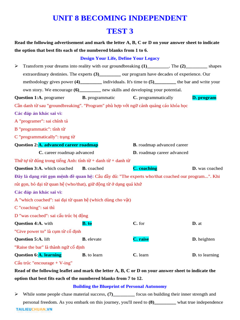 Unit 8 Grade 11 Test 3 Key | PDF | Personal Development | Courage