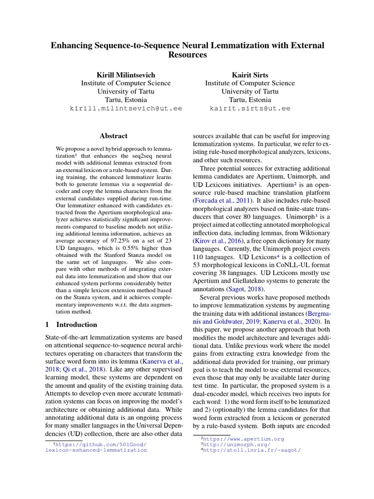 Enhancing Sequence-to-Sequence Neural Lemmatization With External Resources | PDF | Lexicon ...