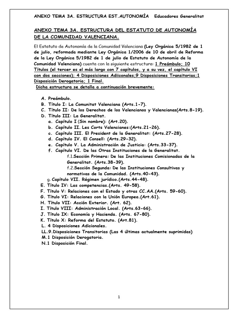 3a.anexo Tema 3a. Estructura Estatuto de Autonomía | PDF