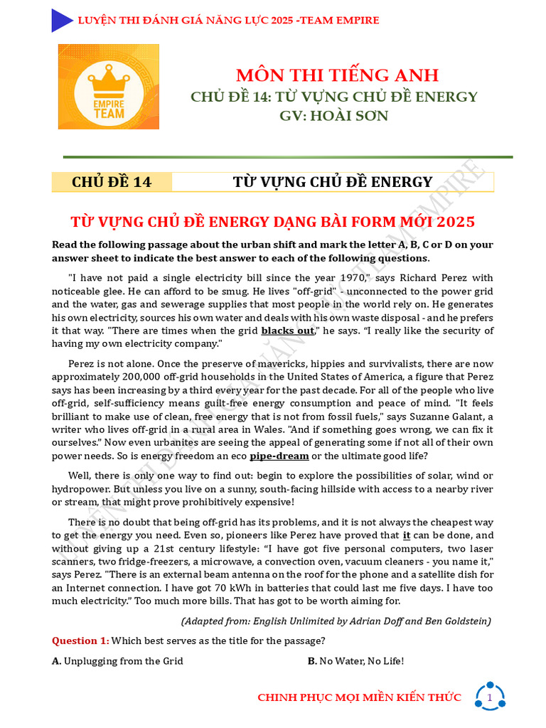 Chủ Đề 14 - dạng 3 Dạng Bài Form 2025 | PDF | Renewable Energy | Energy ...