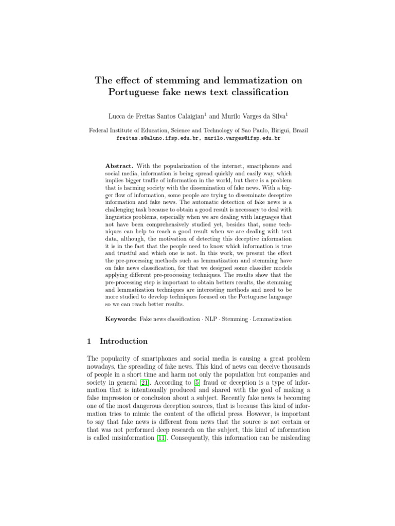 The Effect of Stemming and Lemmatization On Portuguese Fake News Text Classification | PDF ...