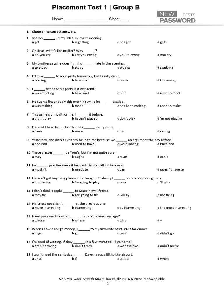 New Password Placement Test 1B | PDF