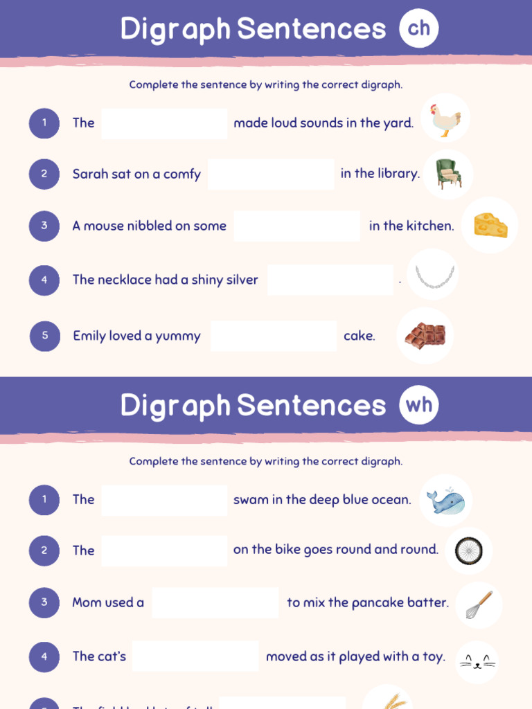 Digraph Sentences English Digital Worksheet in Purple Pink Handdrawn ...