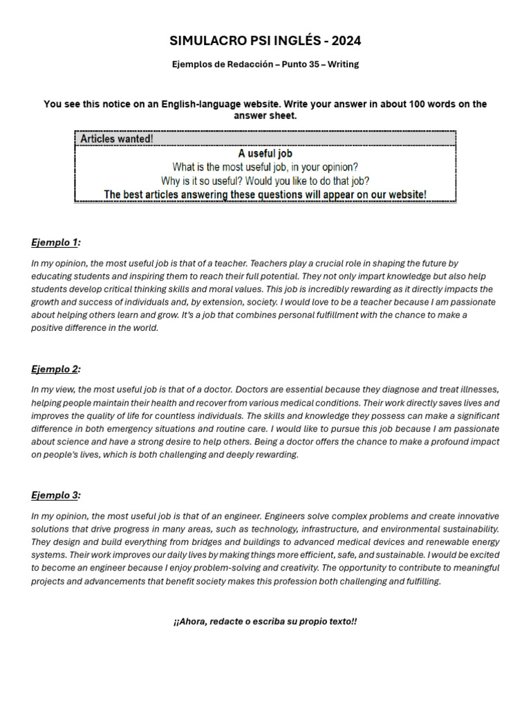 3. Ejemplos de Redacción – Punto 35 – Writing | PDF