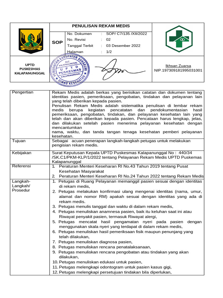 Sop Penulisan Rekam Medis | PDF