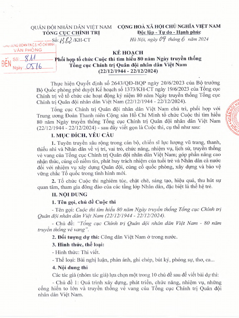 Ke Hoach Va The Le Cuoc Thi Tim Hieu 80 Nam Ngay Truyen Thong Tong Cuc Chinh Tri QDND VN | PDF