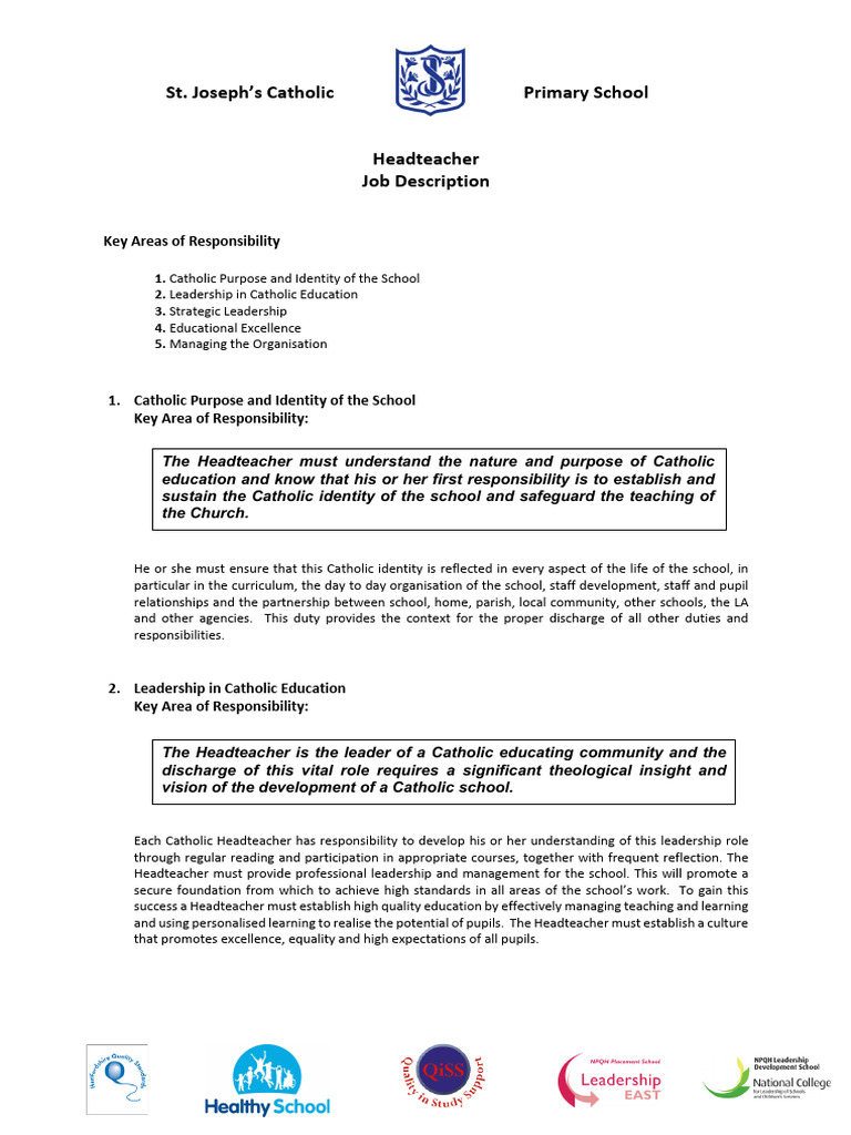 Headteacher Job Description for Catholic School | PDF | Strategic ...
