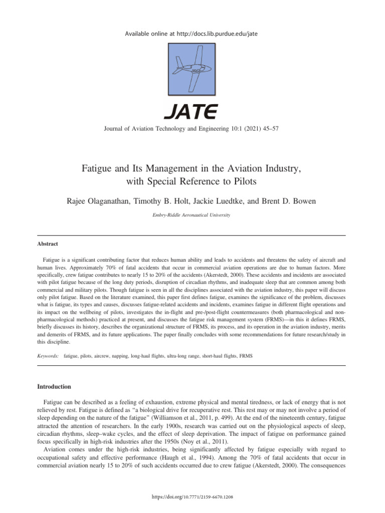 Fatigue and Its Management in The Aviation Industry With Special | PDF ...