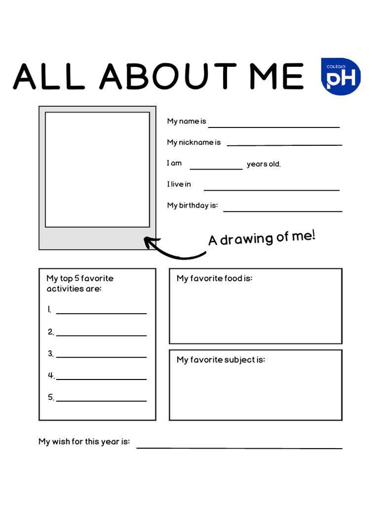 Simple Black and White Student Introduction All About Me Worksheet | PDF