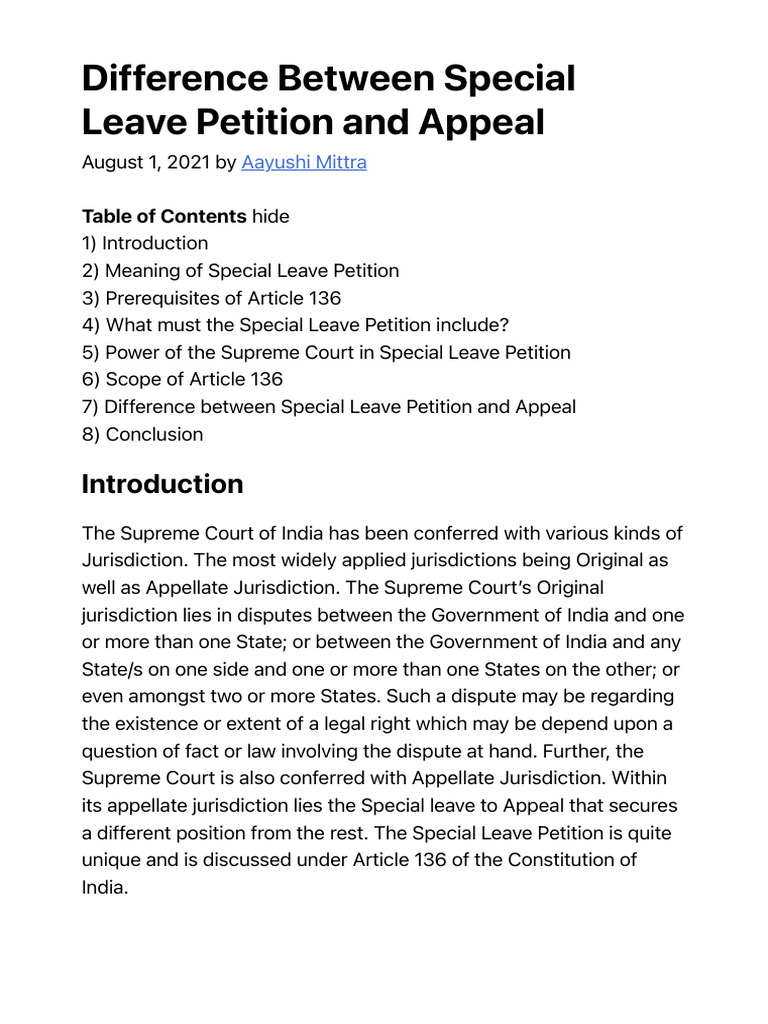 Special Leave Petition vs Appeal Explained | PDF | Supreme Courts ...
