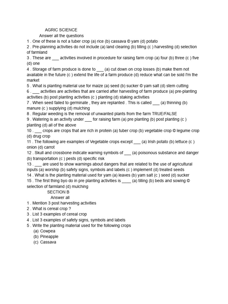 Agricultural Science Quiz Questions | PDF