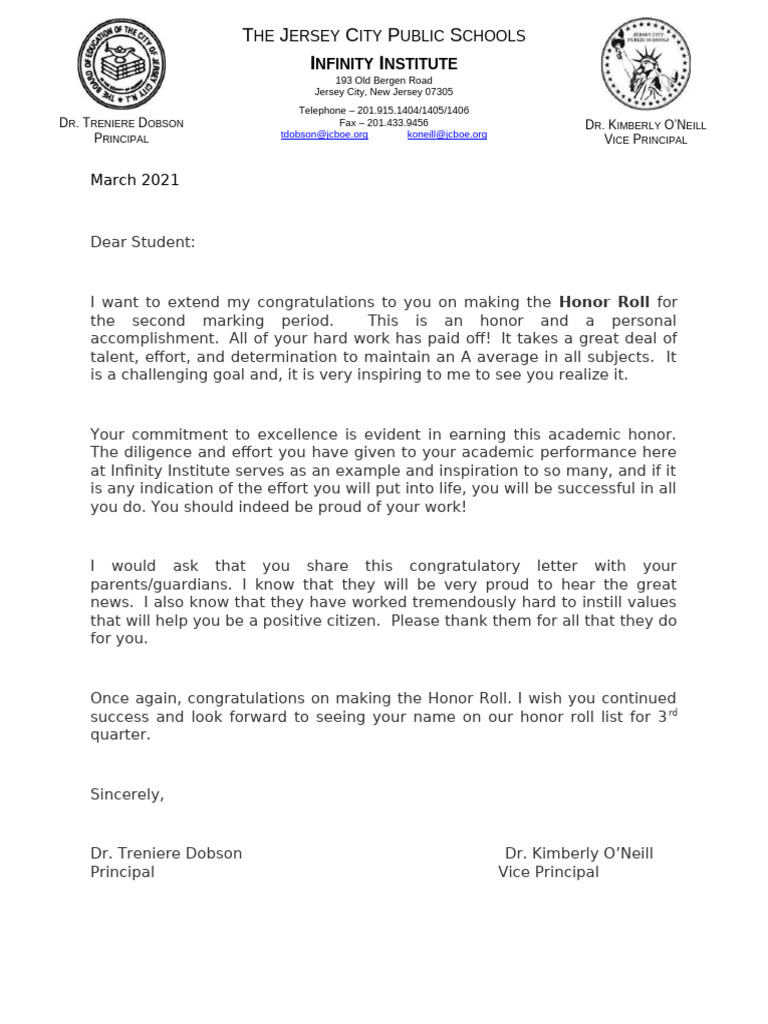 Honor Roll Congratulations Letter | PDF