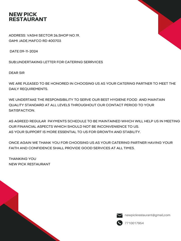 Undertaking Letter For Catering Services | PDF