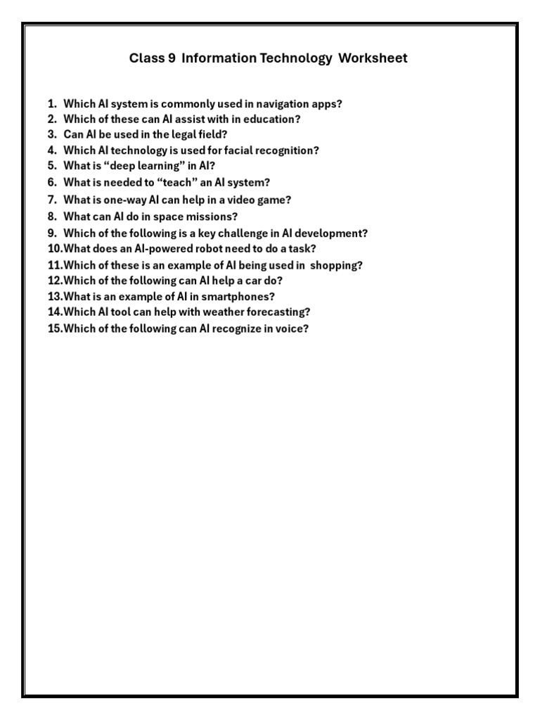 Class 9 Information Technology Worksheet 1 | PDF
