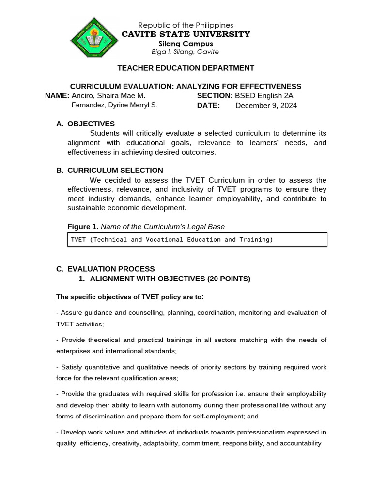BSED ENG 2A EDUC90 CURRICULUM EVALUATION | PDF | Curriculum | Learning