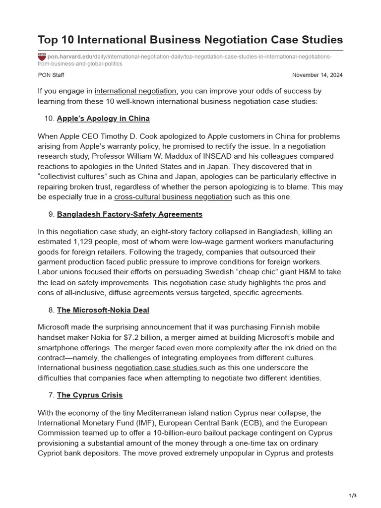Top 10 International Business Negotiation Case Studies | PDF ...