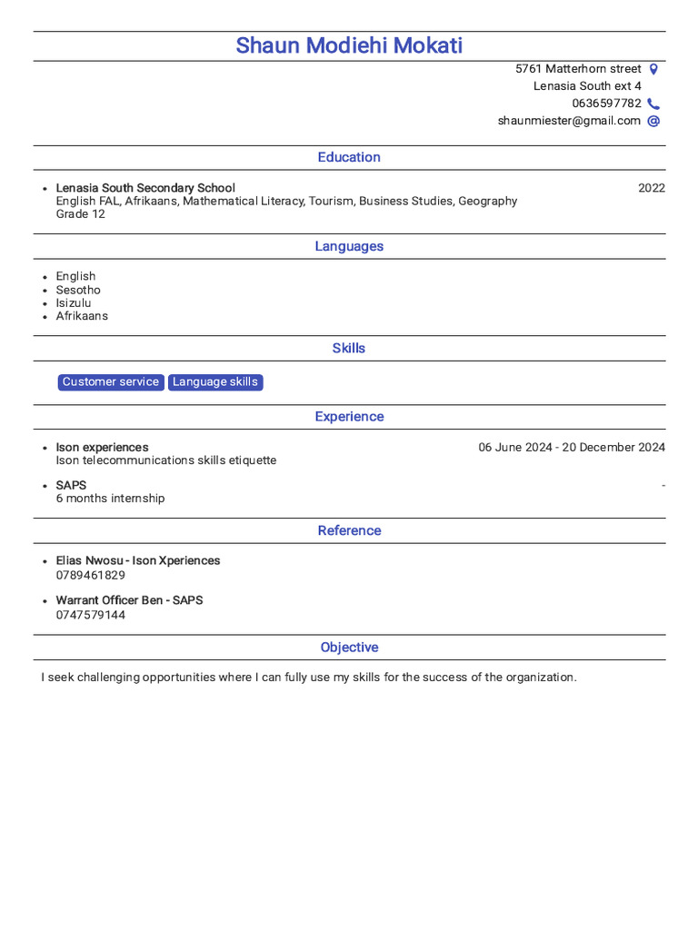 Shaun Mokati's CV and Skills Summary | PDF