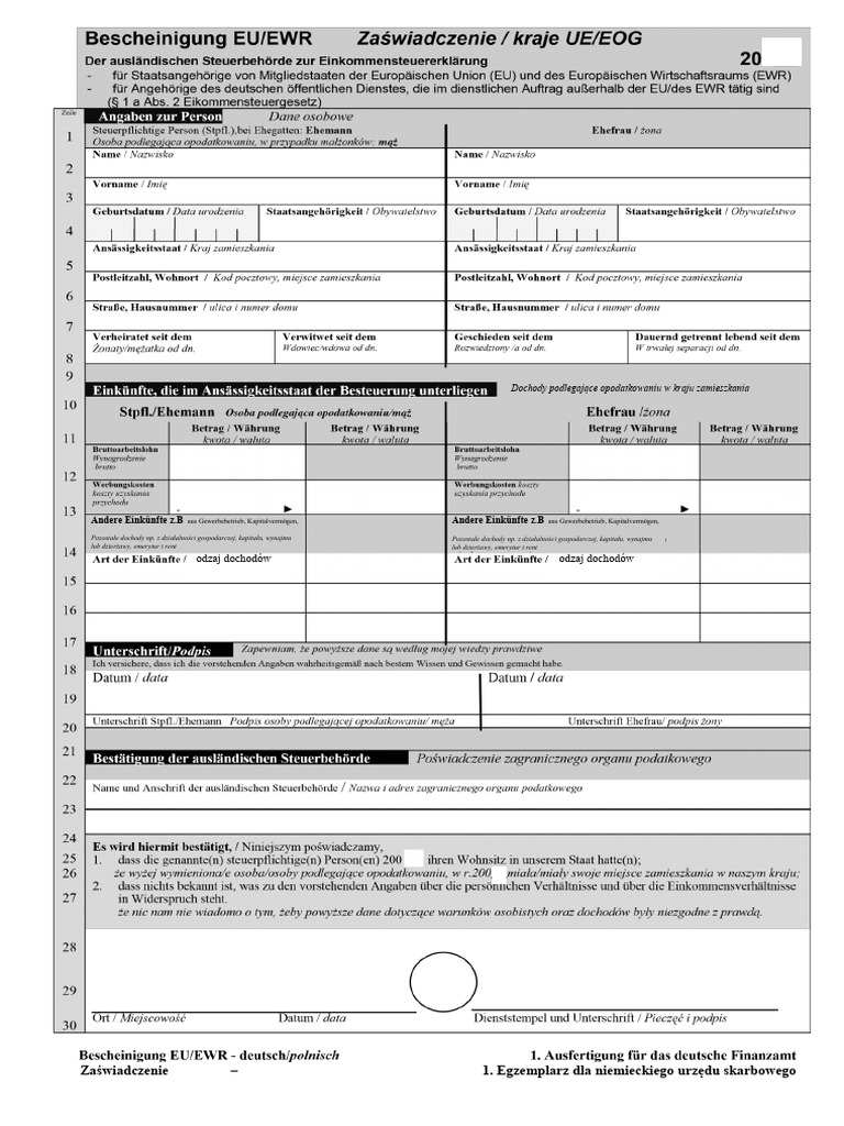 Zaswiadczenie o Dochodach EU - EWR Dwujezyczne | PDF