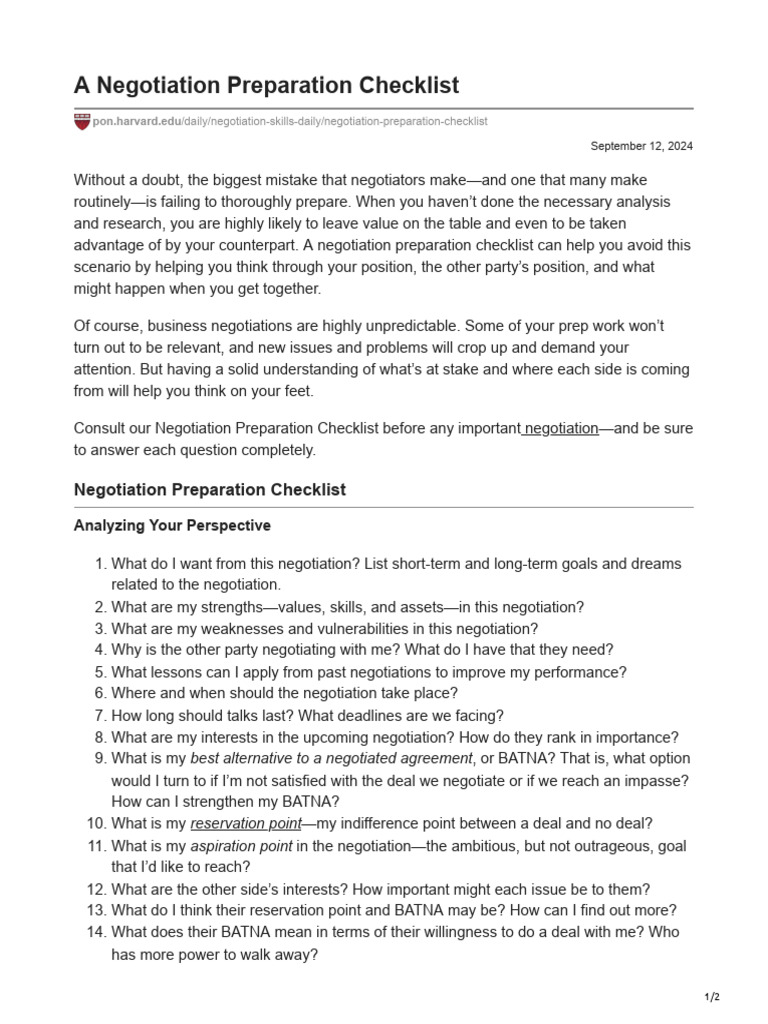 A Negotiation Preparation Checklist | PDF | Negotiation | Human ...