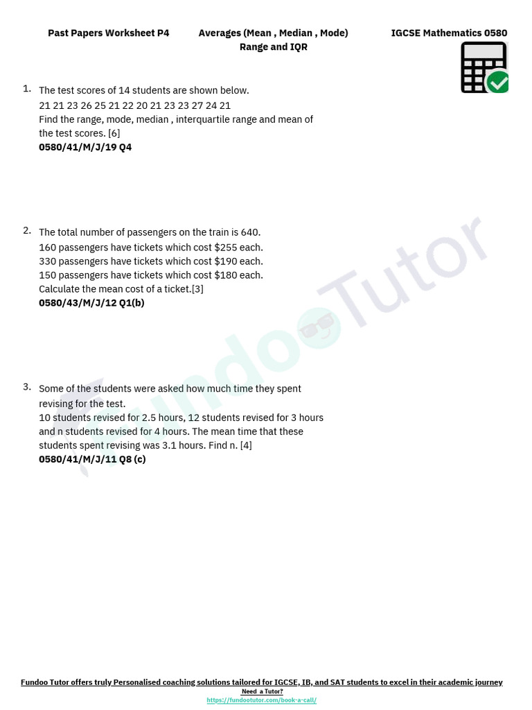 IGCSE Math 0580 Averages Mean Median Mode and Ranges Past Paper ...