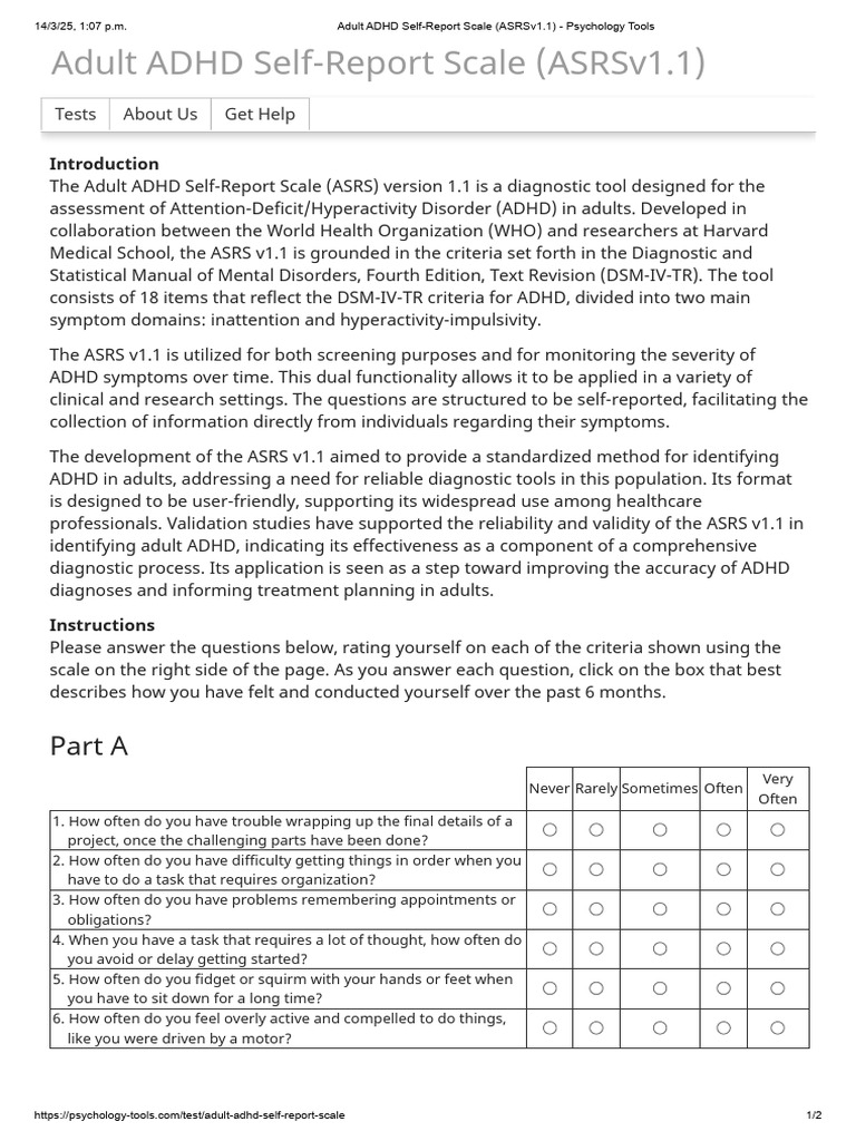 Adult ADHD Self-Report Scale (ASRSv1.1) - Psychology Tools | PDF | Attention Deficit ...