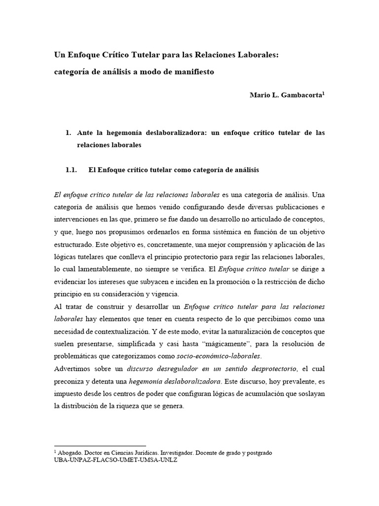 1 Un-Enfoque-Crítico-Tutelar-Para-Las-Relaciones-Laborales-1 | PDF | Derecho laboral | Sindicato