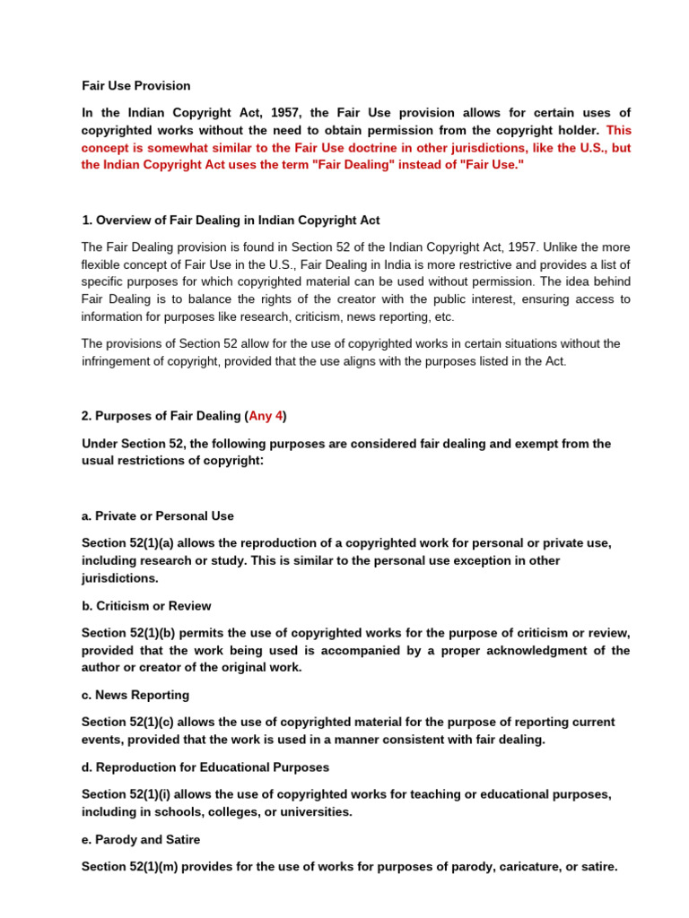 Fair Use Provision under Indian Copyright Act | PDF | Fair Dealing ...