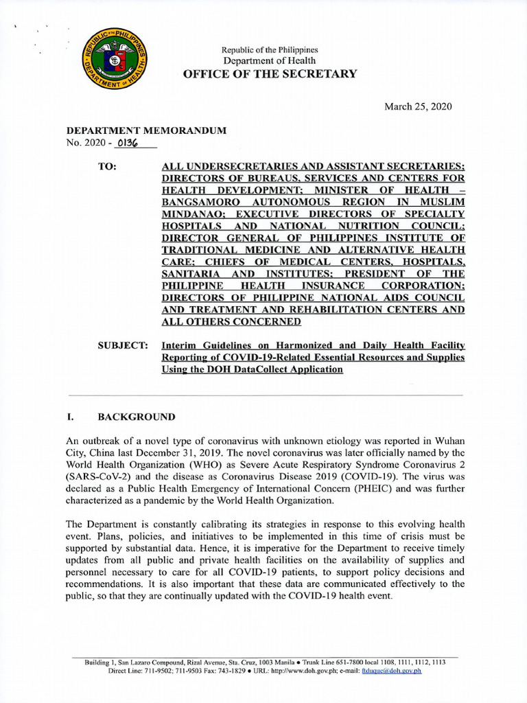 DOH DM 2020-0136 COVID Harmonized Daily Health Facility Report | PDF ...