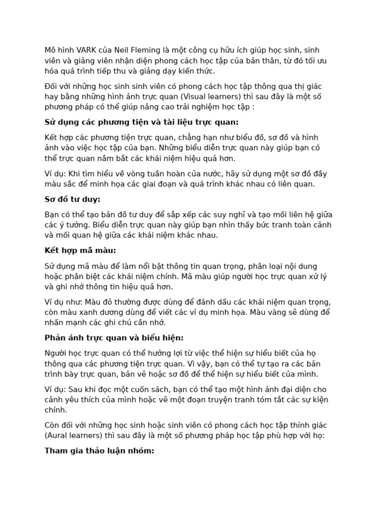 Mô hình VARK của Neil Fleming là một công cụ hữu ích giúp học sinh | PDF