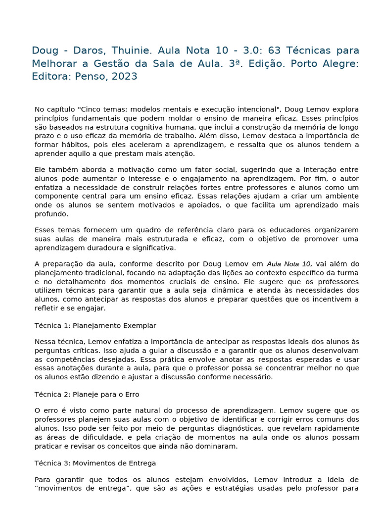 Técnicas Lemov | PDF | Aprendizado | Motivacional