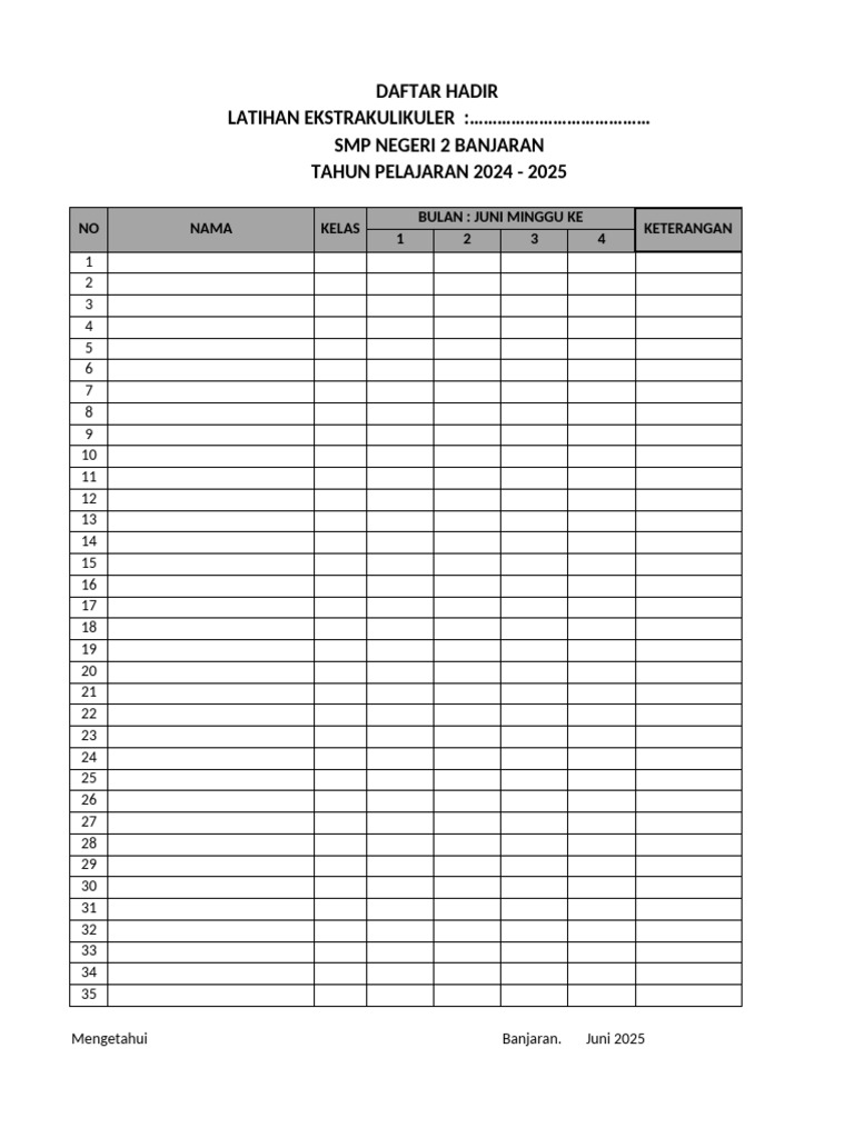Daftar Hadir Latihan Ekskul 2025 | PDF