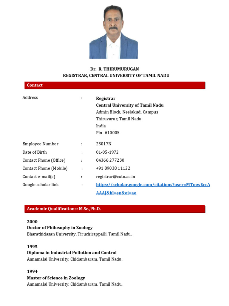 Prof Thirumurugan Registrar CUTN 03082023 | PDF | Biology