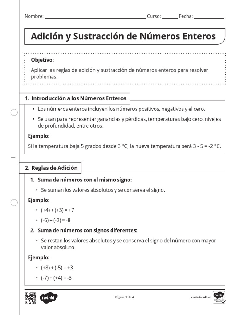 Adición y Sustracción de Enteros | PDF | Sustracción | Entero