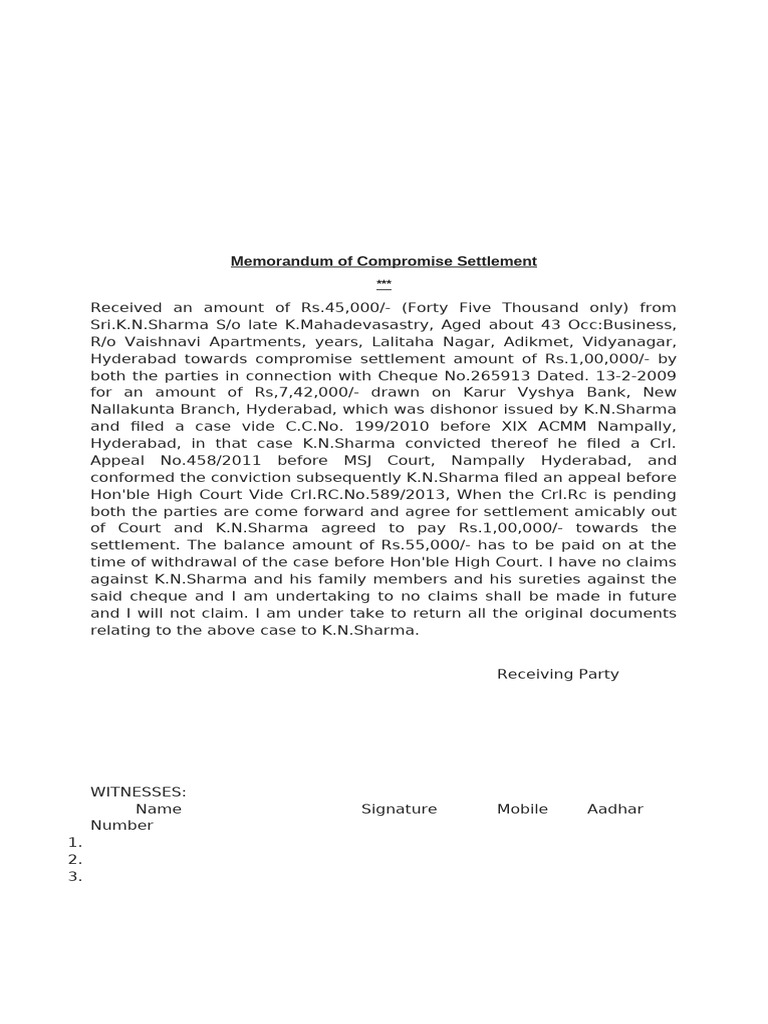 Memorandum of Compromise Settlement | PDF
