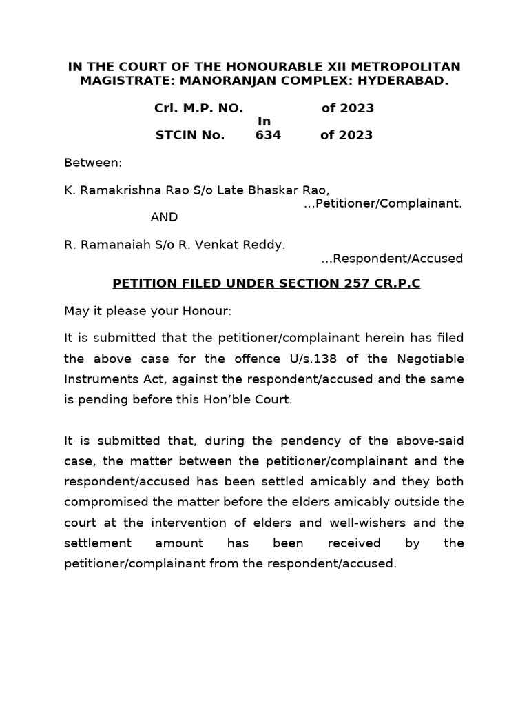 Section 257 CrPC Withdrawal Petition | PDF