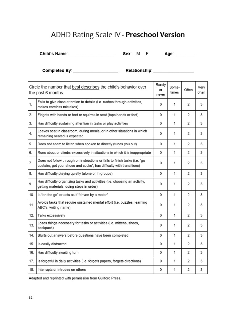 Adhd Rating Scale IV Preschool | PDF | Attention Deficit Hyperactivity Disorder | Impulsivity