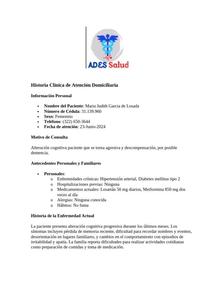 Histotia Paciente Judith Garcia | PDF | Demencia | Enfermedades y ...