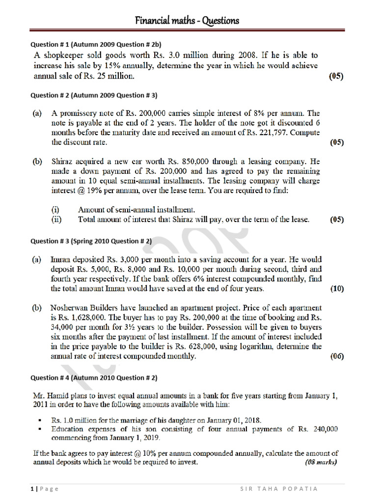 Financial Maths - Questions | PDF