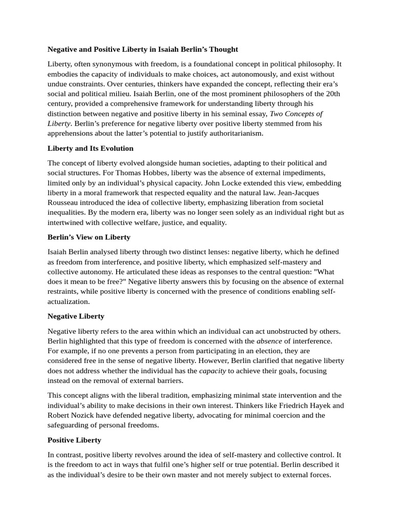 Negative and Positive Liberty in Isaiah Berlin | PDF | Liberty ...