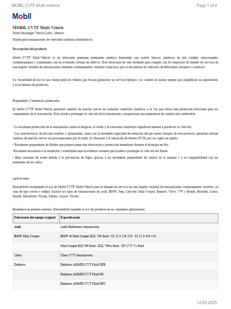 EU XX Mobil CVTF Multi Vehicle | PDF | Lubricante | Exxon Mobil