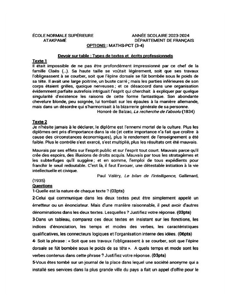 DST Francais S3-4 Maths | PDF