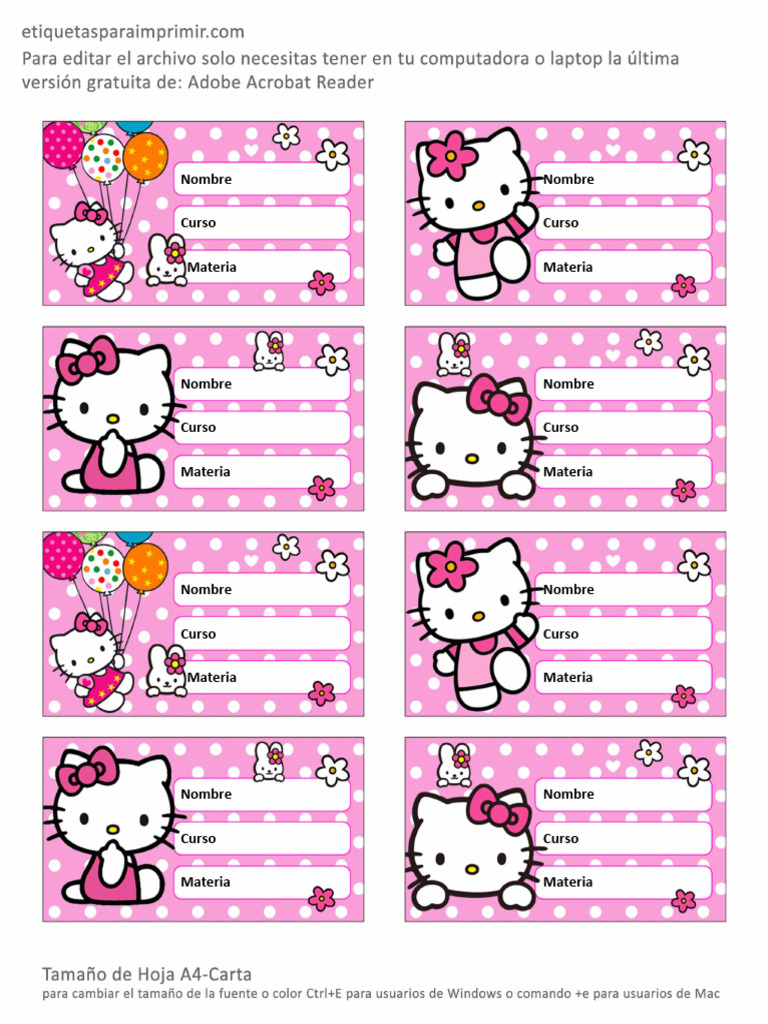 Etiquetas Escolares Hello Kitty para Imprimir 1 | PDF
